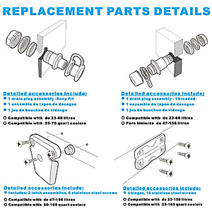 Cooler Replacement Parts Kit, Ice Chest Plastic Hinges, Latch Posts, and Screws, Threaded, and Triple-Snap Drain Plug. The best option for repairing and replacing multiple cooler parts.