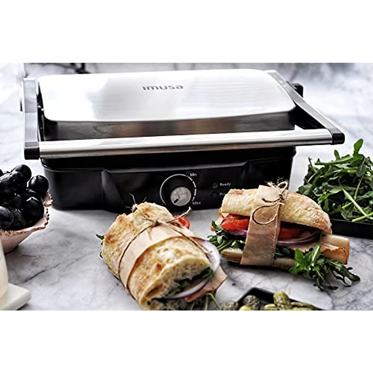 IMUSA USA Electric Stainless Steel Panini Press with Adjustable Temperature Settings and Nonstick Plates, 1200W