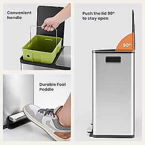 Homee 16 Gallon Trash Can Soft-Close Lid, Recycling Kitchen Trash Can with Foot Pedal and Removable Inner Bucket, 60 Liter Stainless Steel Waste Bin