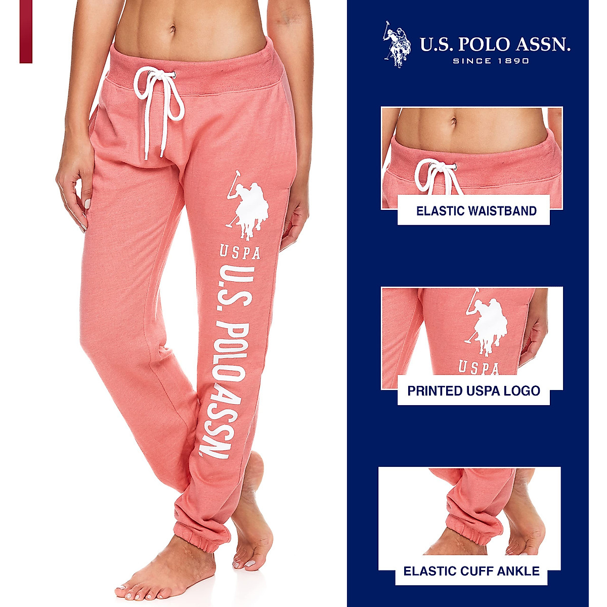 U.S. Polo Assn. Womens Sweatpants - Women Joggers Sweats with Logo Print - French Terry Poly-Cotton (Coral Heather with White Print, Large)