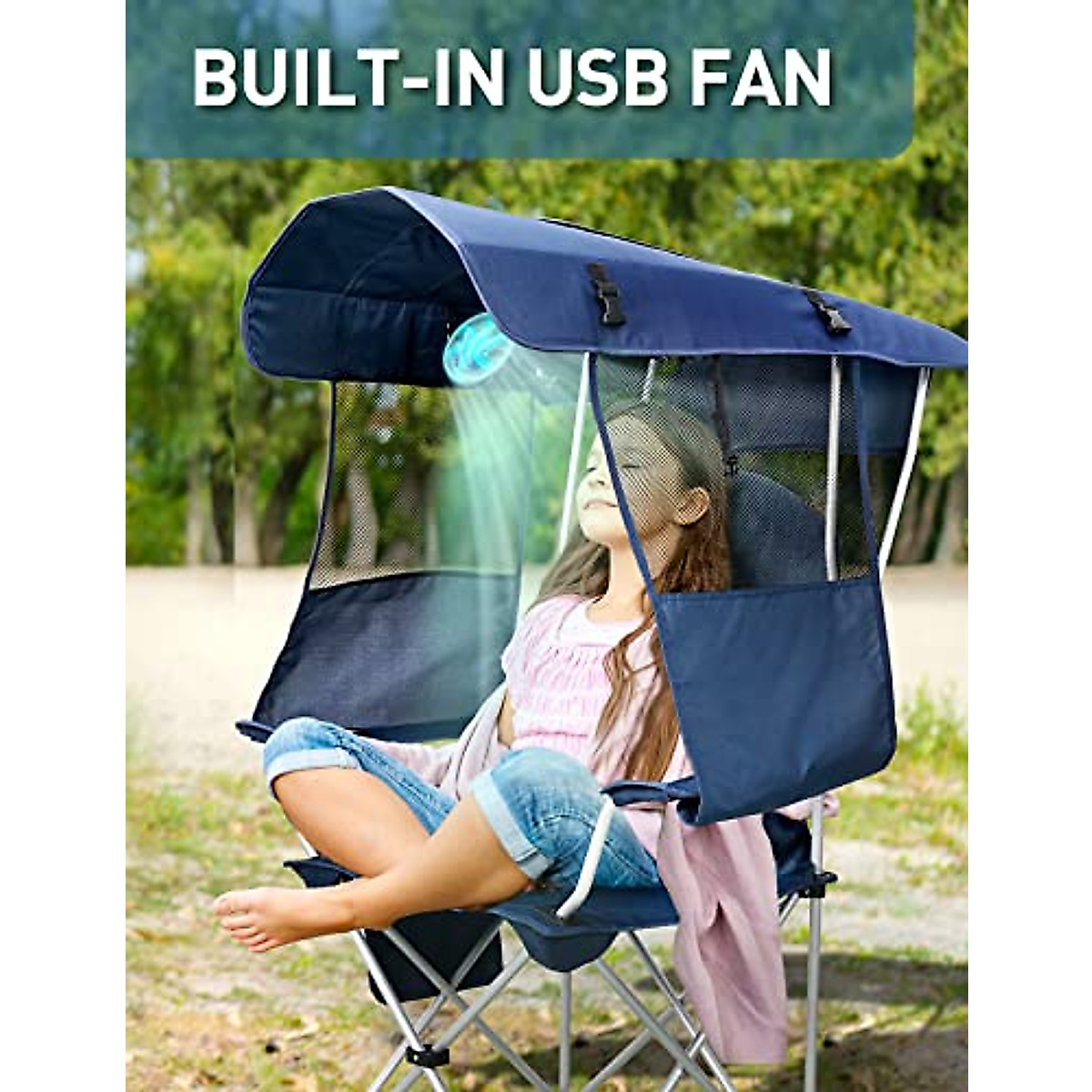 Docusvect Canopy Chair with Fan, Folding Chair with Retractable UPF 50+ Shade Canopy, Cup Holder, Side Pocket for Camping, Beach, Tailgates and Fishing - Support 330 LBS