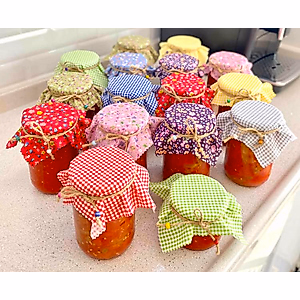 50 Pieces% 100 Cotton Flowered and Checkered Mix Pattern Fabric Jar Cover Cloth- 6.7'' Jar Cover Cloth With 50 Pieces Beaded Jute Rope