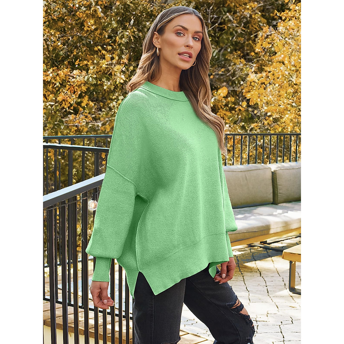 LILLUSORY Women's Oversized Batwing Sweaters 2024 Fall Outfits Crewneck Ribbed Knit Side Slit Trendy Pullover Tops LightGreen L