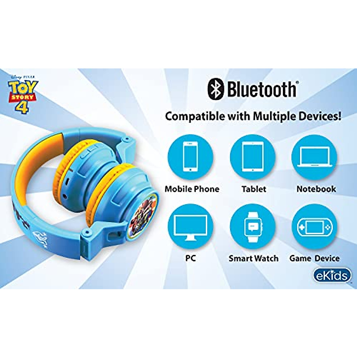 eKids Toy Story 4 Kids Bluetooth Headphones, Wireless Headphones with Microphone Includes Aux Cord, Volume Reduced Kids Foldable Headphones for School, Home, or Travel
