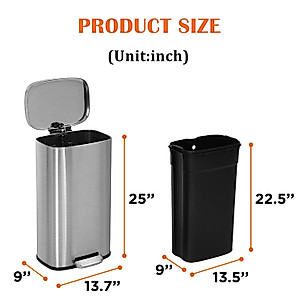 Step Trash Can Kitchen Garbage Can with Lid Tall Brushed Stainless Steel Trash Can with Plastic Inner Bucket Metal Pedal Waste Bin 8 Gallon/30 L for Home, Bathroom, Office, Silver
