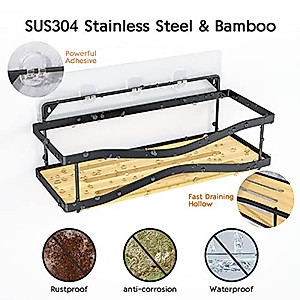 Masoffi Shower Caddy Storage with Hooks, Adhesive Shower Organizer, No Drilling Bamboo Shower Shelf for Inside Shower, 304 Stainless Steel Rustproof Bathroom Shower Rack Basket, 2 Pack Black