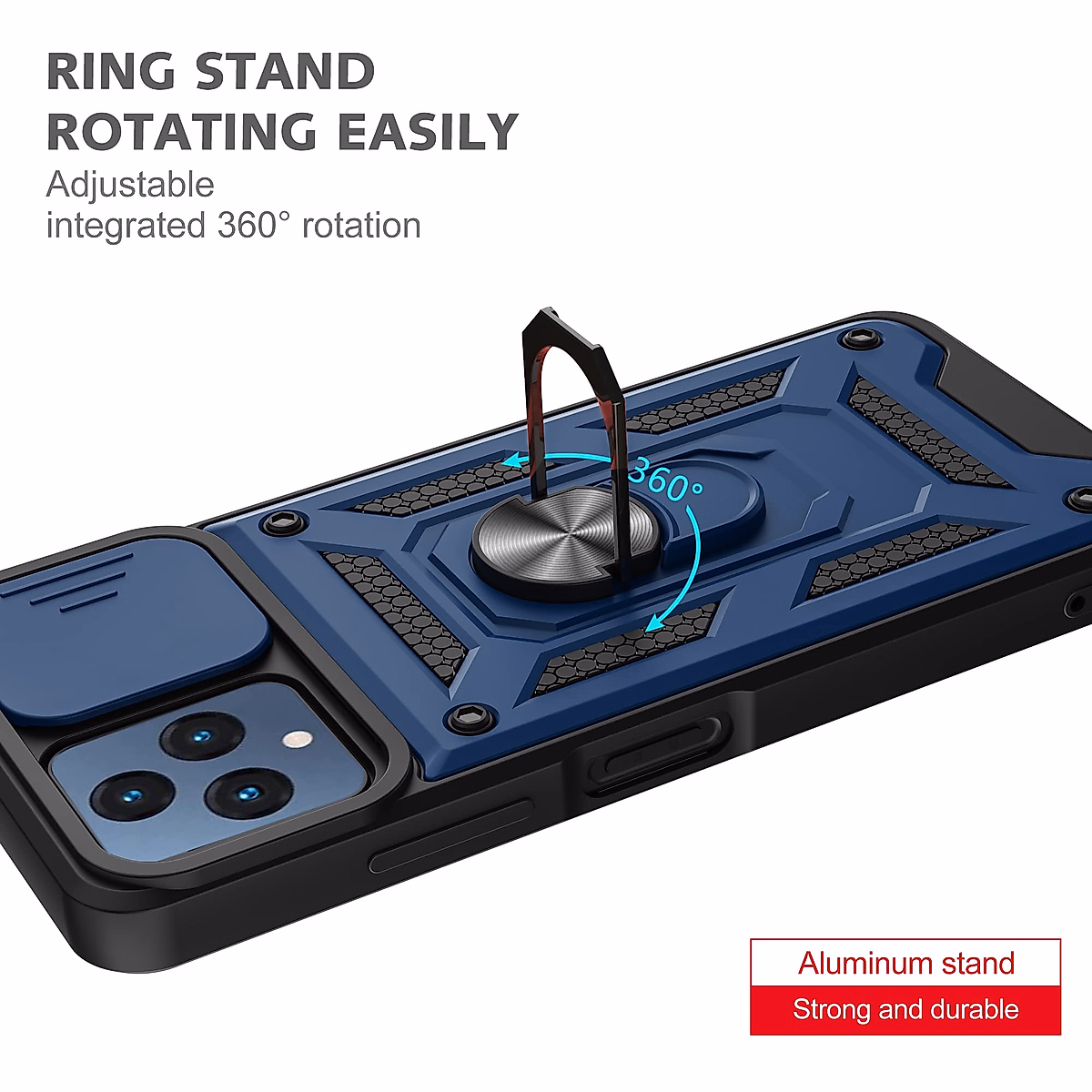 AKINIK for T-Mobile REVVL 6 5G Case, Revvl 6X 5G Case with Slide Camera Cover and 2pcs HD Screen Protector, 360° Rotation Ring Kickstand [Military Grade] Protective Case (Blue)