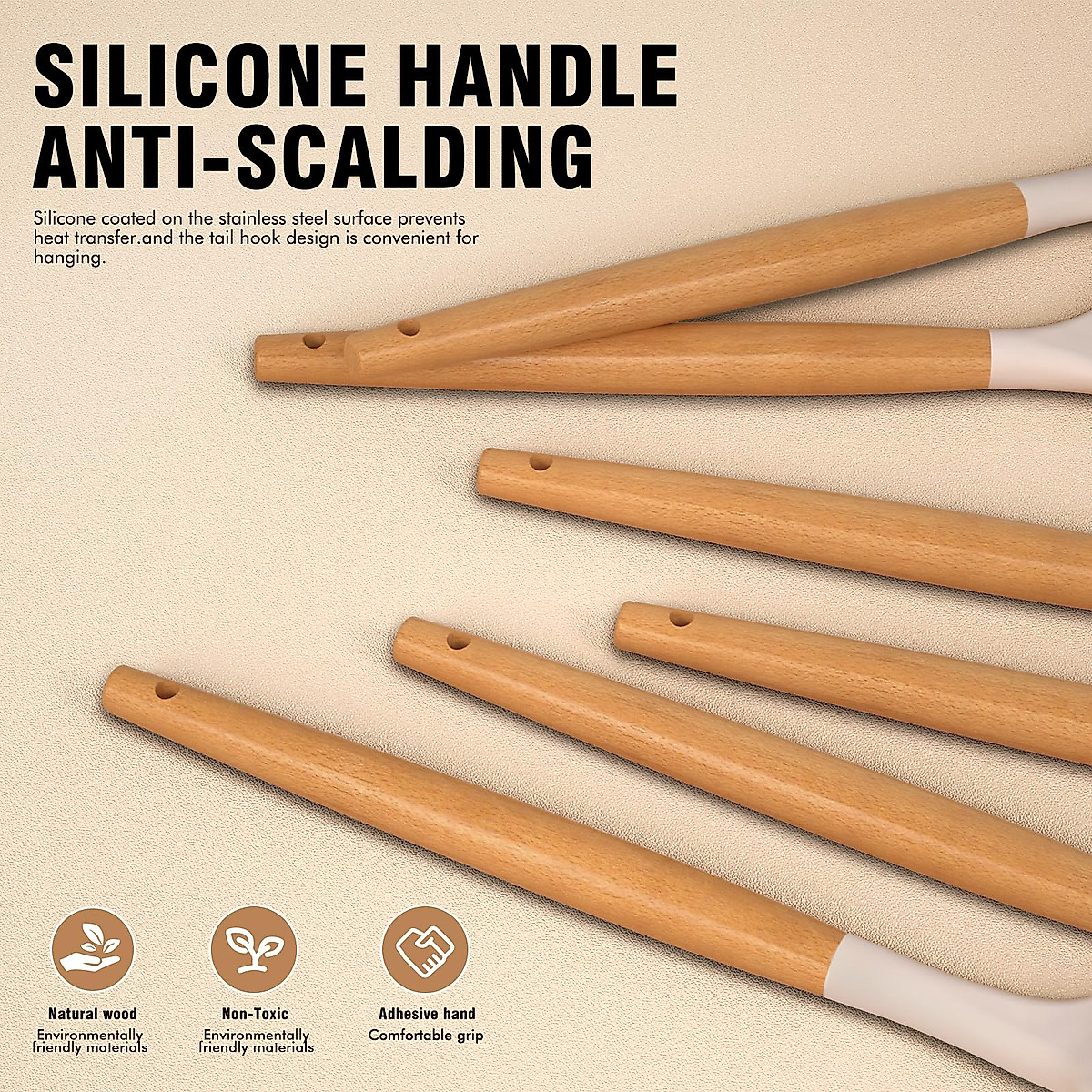 Silicone Cooking Utensils Set - Silicone Kitchen Utensils for Cooking Wooden Handles, 446°F Heat Resistant Kitchen Utensil Spatula Sets w Holder, Gadgets for Non-Stick Cookware BPA FREE (Khaki)