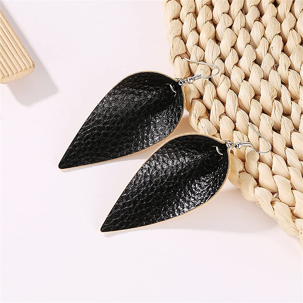 CHUNYANAN Boho Elegant Lightweight Black Genuine Real Leather Geometric Dangle Drop Earrings for Women Petal Leaf Feather Teardrop Earrings Jewelry Gift (Black Genuine Real Leather)