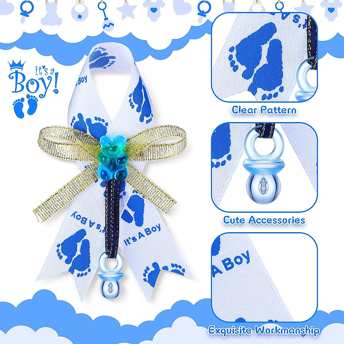 50 Pcs Baby Shower Bowknot Brooch Pins Baby Shower Gifts It's a Boy Ribbon Brooch with Blue Pacifier and Bear for Gender Reveal Party Decorations Baby Shower Party Favors