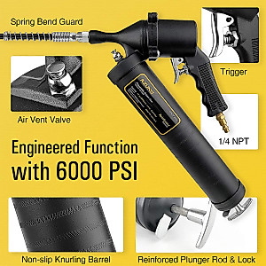 AZUNO Pneumatic Grease Gun, Heavy Duty 6000 PSI Air Compressor Grease Guns with Flex Hose, Metal Extension, Professional Coupler and Sharp Nozzle