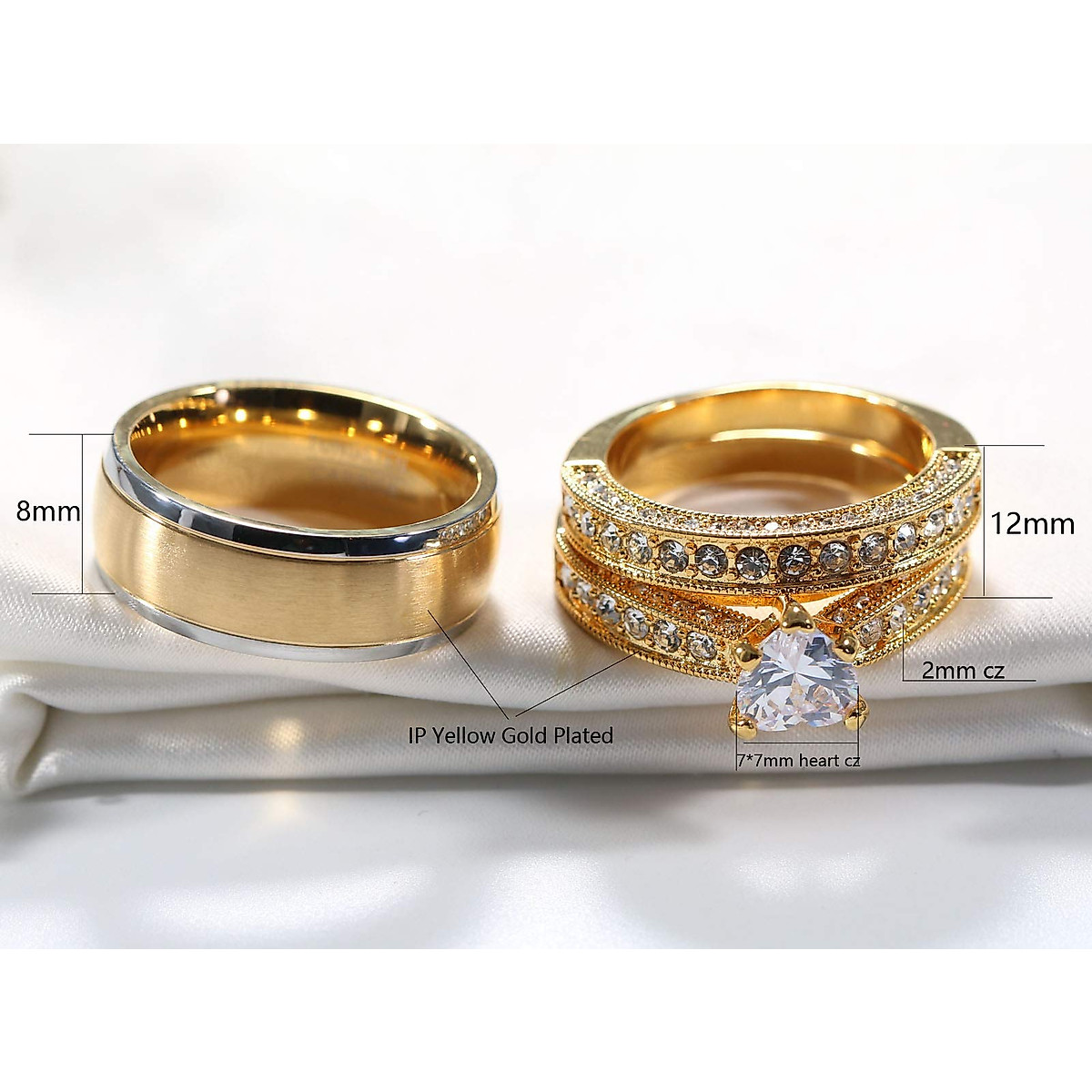 2 Rings His and Hers Couple Rings Bridal Sets Yellow Gold Plated Heart Cz Womens Wedding Ring Sets Tungsten carbide Man Wedding Bands