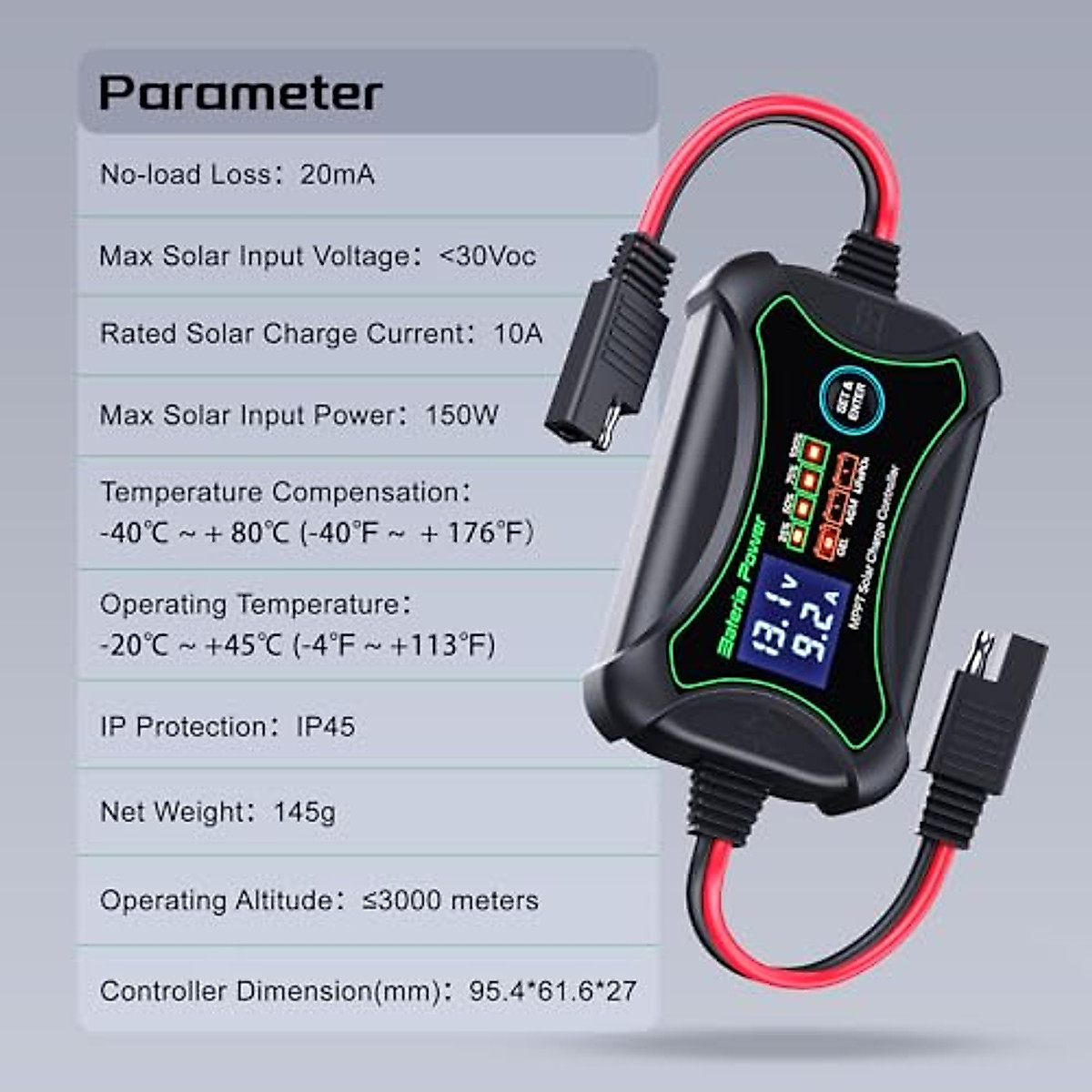 10Amp 12 Volt MPPT Solar Charge Controller, Bateria Power Intelligent Portable Solar Panel Controller, Max PV 150W 30Voc Solar Regulator for Gel AGM Lead-Acid, Lithium LiFePO4 Battery (SunRock 10)