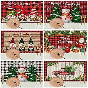 Red and Green Buffalo Plaid Santa Claus, Truck, Snowman Merry Christmas Placemats Set of 6, 12x18 Inch Winter Table Mats for Party Kitchen Dining Decoration (A)