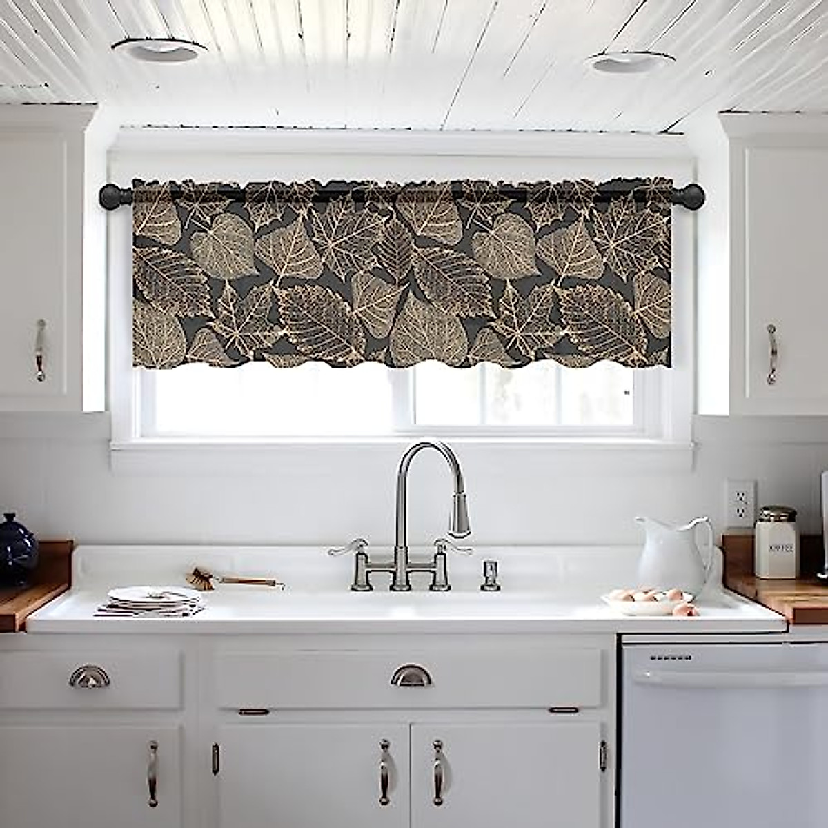 BOBOWUNY Thanksgiving Fall Sheer Window Valance Rod Pocket Valance Curtain, Gold Autumn Maple Leaves Black Backdrop Semi Sheer Drapery for Bedroom Kitchen Window Decor Curtains, 1 Panel 54"x18"