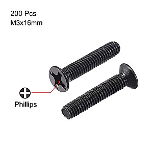 uxcell M3 x 16mm Phillips Screw Fastener Black for Laptop PC TV Fan Switch 200pcs