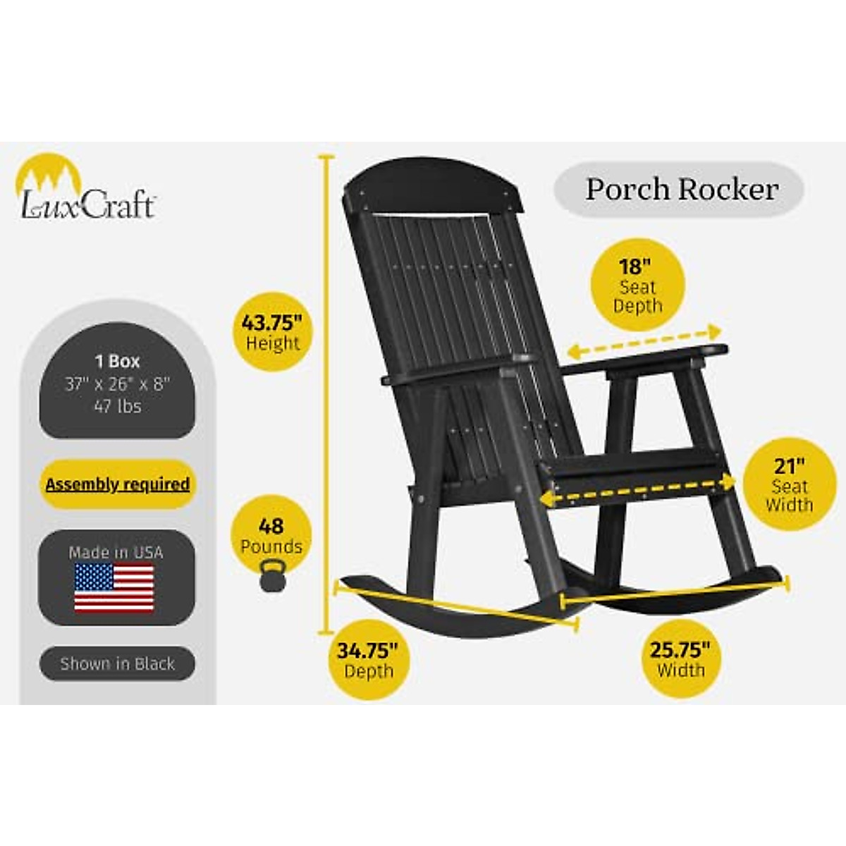 LuxCraft Plastic Poly Outdoor Rocking Chair, Front Porch Rocker, Patio Rocking Chair for Outside (Black)