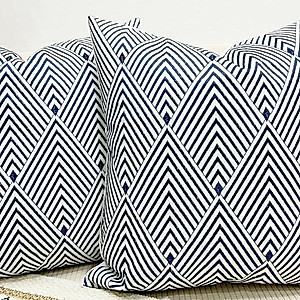 Slow Cow Pack of 2 Embroidery Throw Pillow Covers, Geometric Diamonds Navy Decorative Throw Pillow Cases for Sofa 18 x18 Inches
