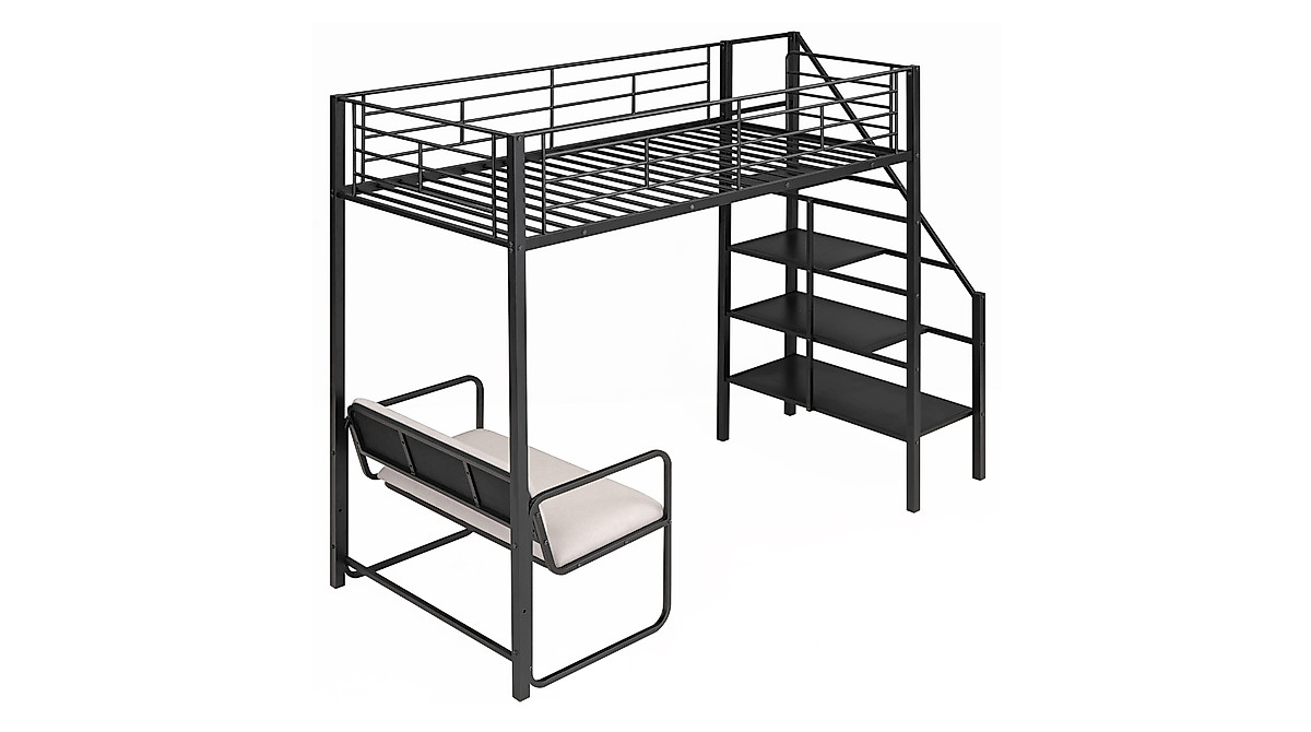 Twin Size Loft Bed with Storage Stairs & Bench | Modern Metal Frame