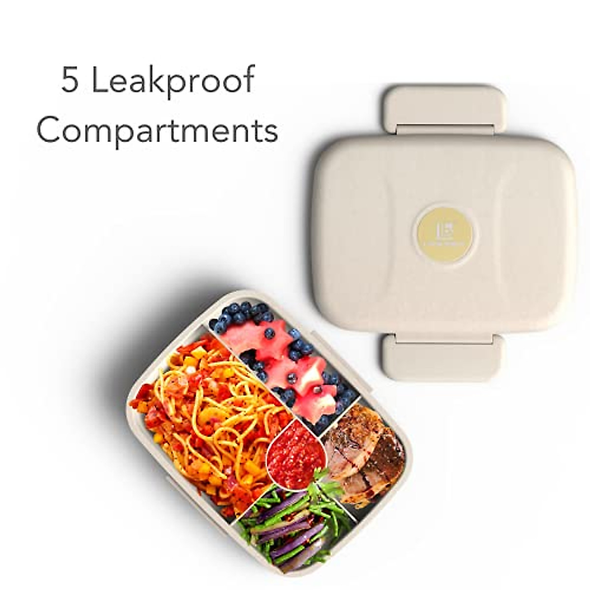 Fenrici Bento Lunch Box For Kids and Teens, Made with Wheat Straw, 5 Leakproof Compartments with Utencils, BPA-Free Bento Box, Microwave and Dishwasher Safe, Warm Beige