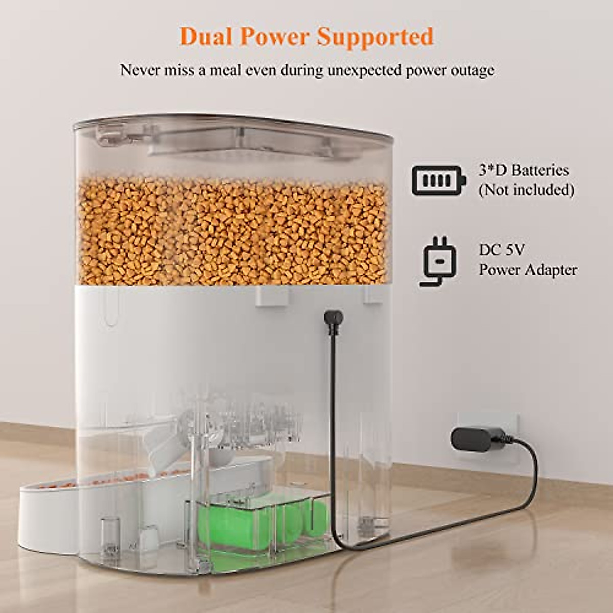 HoneyGuaridan Automatic Cat Feeder, 6L Timed Cat Feeder with Desiccant Bag for Pet Dry Food, Dual Power,10s Voice Recorder, 0-24 Portions 6 Meals per Day, Travel Supply Feeder for Cats and Dogs