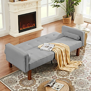 IULULU Futon Sofa Bed Convertible Couch with 2 Bolster Pillows and Solid Wood Legs, Loveseat with Adjustble Backrest for Studio, Apartment, Office, Living Room, Grey