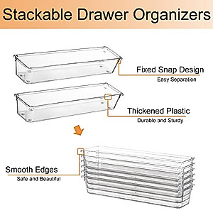 Clear Plastic Drawer Organizers Set, Organizer Trays for Kitchen Drawers Set of 6, Vanity Organizer for Bathroom, Makeup, Kitchen Utensils and Office, 9 x 3 x 2In