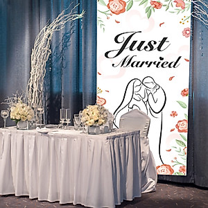 DPKOW Pink White Just Married Banner (6x3 feet) - Premium Wedding Engagement Party Decoration, Bridal Shower Door Cover, Romantic Rose Design, Tear Resistant, Reusable