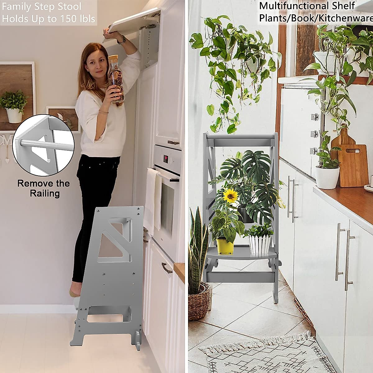 Toddler Kitchen Step Stool Toddler Standing Tower Toddler Step Stool Toddler Tower with Message Boards Safty Rail-Adjustable Kids Kitchen Step Stool for Kitchen Counter Bathroom Sink (Grey)