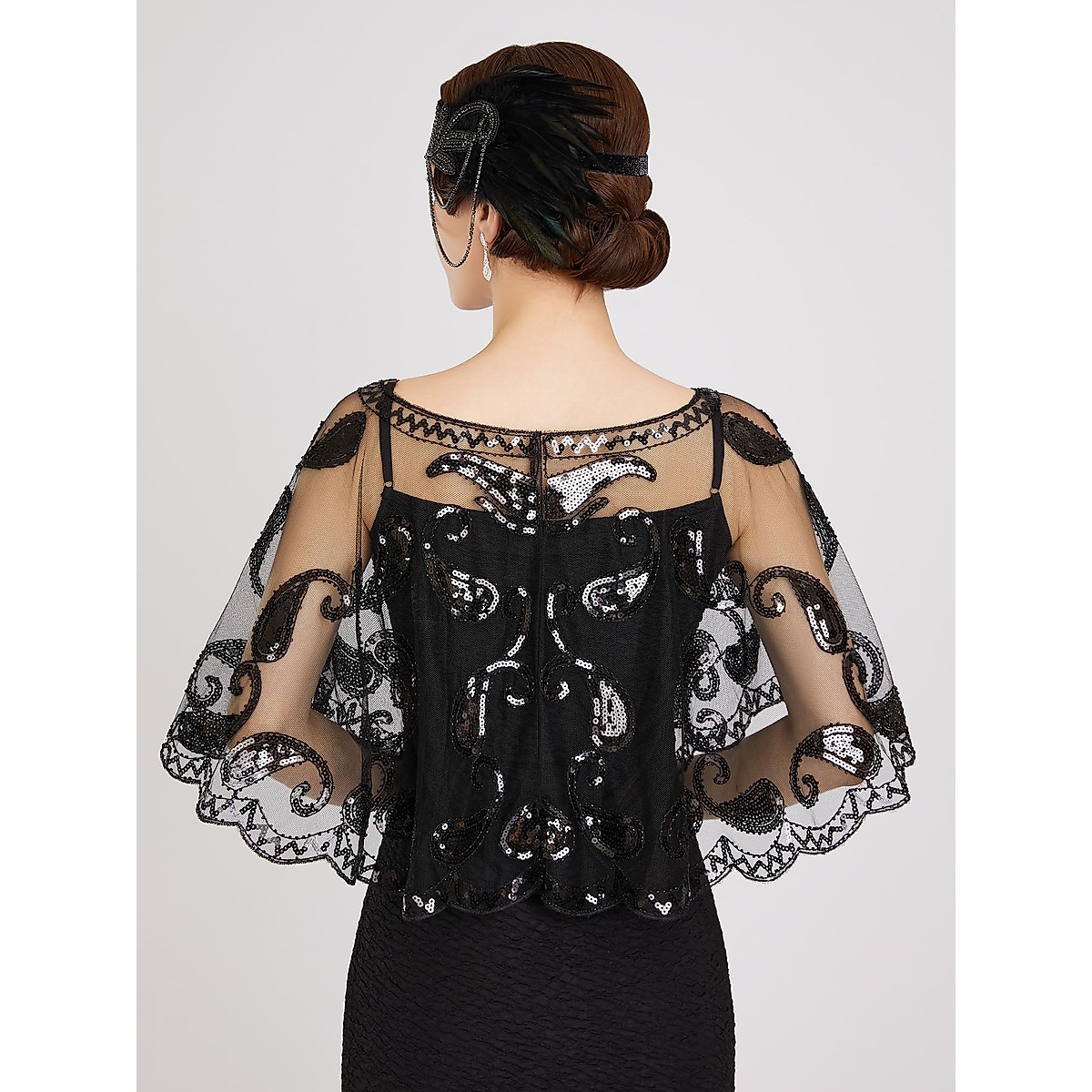 SWEETV Women's 1920s Flapper Shawl,Sequin Beaded Shawls Gatsby Wraps for Evening Dresses/Party/Wedding/Formal/Harlem night,1920s Accessories for Women,Black