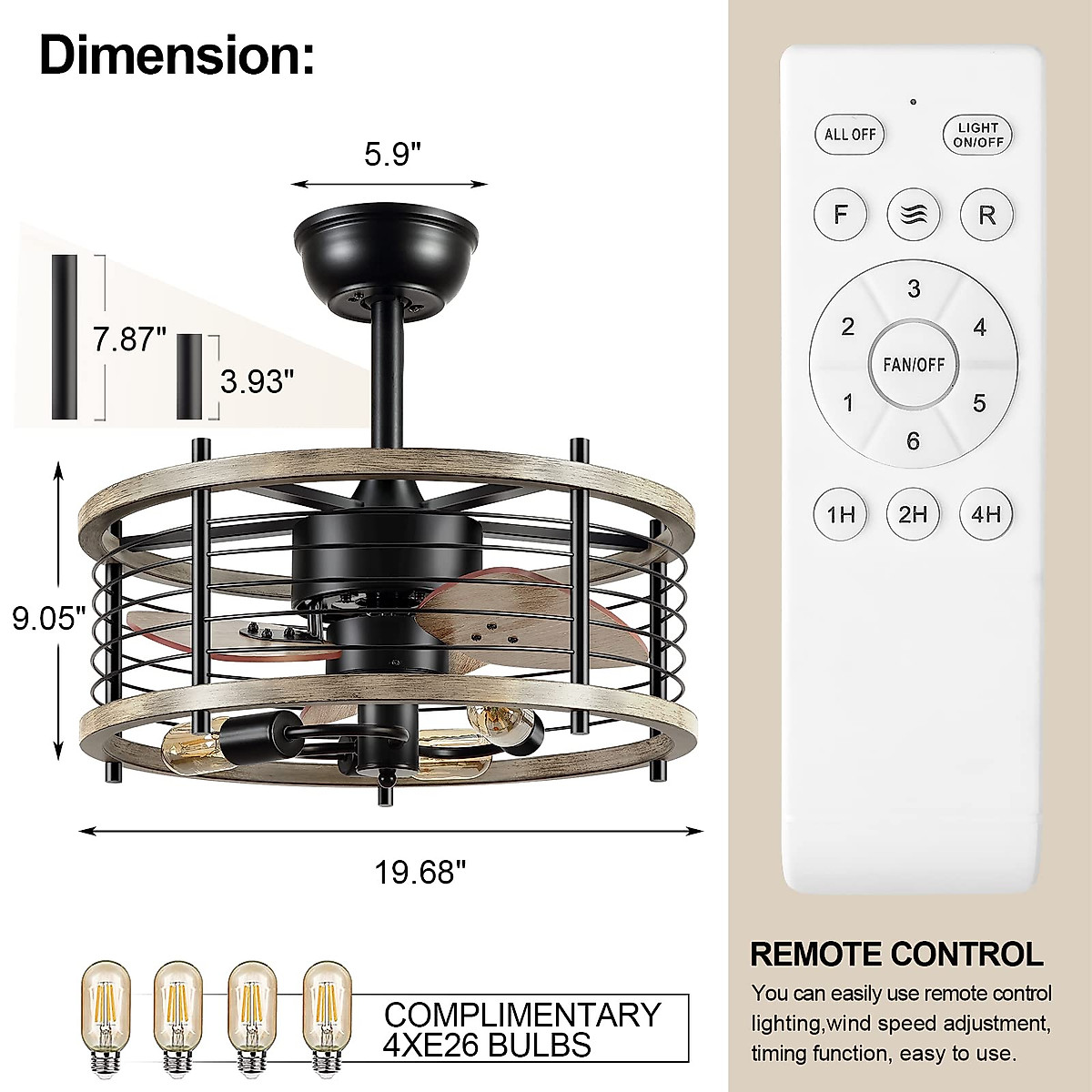 SHIHOT Caged Ceiling Fans with Lights and Remote, Farmhouse Rustic 20 Inch Fandelier Small Ceiling Fan with Light for Bedroom Kitchen Dining Living Room