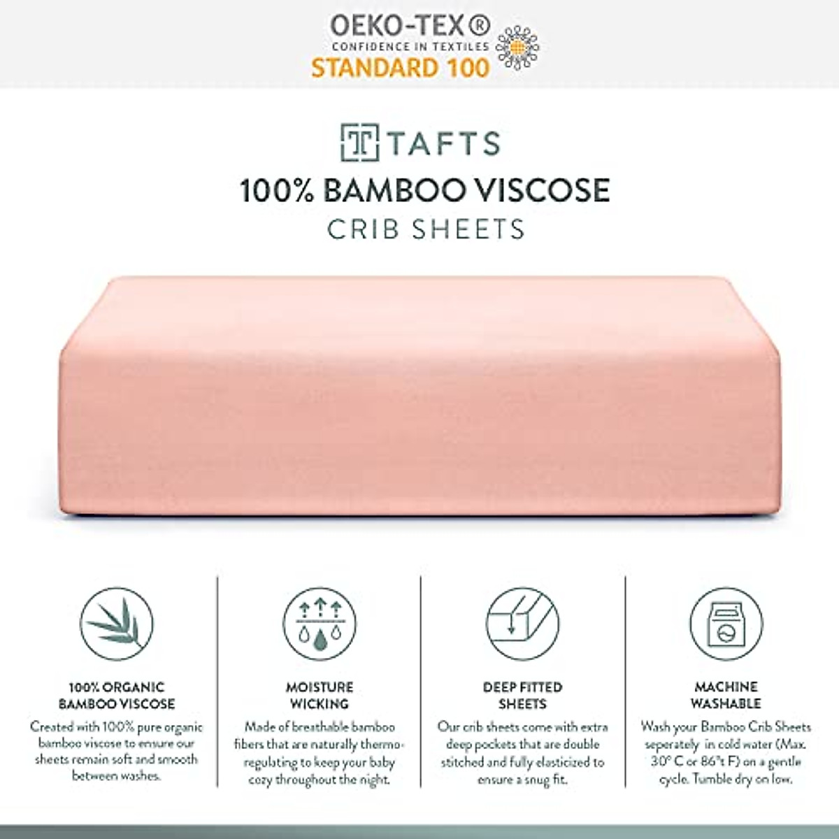 TAFTS Bamboo Crib Sheet Fitted, Girls Boys & Unisex 100% Organic Bamboo Crib Sheet for Standard Crib and Toddler Mattress, Luxuriously Soft, Cool, 360 Elasticized, (28" x 52" Blush)