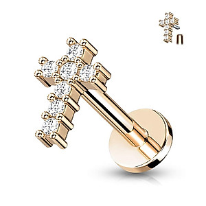 Pierced Owl 16G Stainless Steel Internally Threaded CZ Crystal Paved Cross Top Flat Back Lip Cartilage Stud (Rose Gold Tone, Bar Length: 8mm)