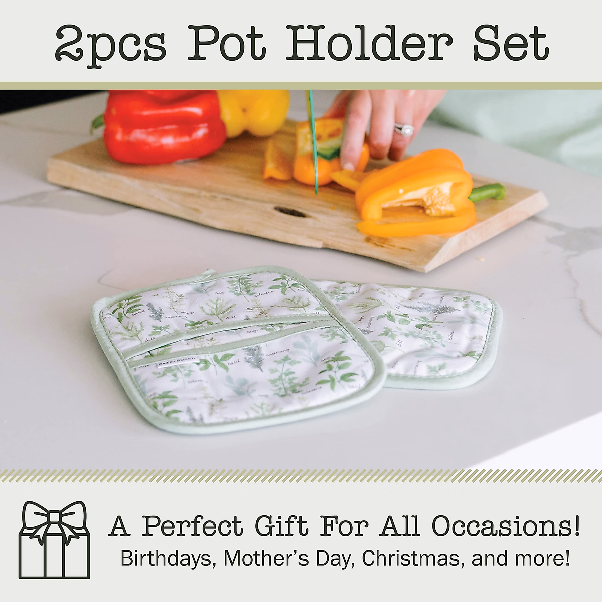 Sage+Stitch Heat Resistant Designer Pot Holders with Hand Pockets and Hanging Loops | Set of 2 100% Cotton Dual Function Kitchen Pot Holders and Trivets | 7'' x 9'' | Green Herbs