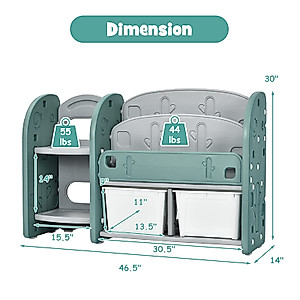 Costzon Kids Toy Storage Organizer, Toddler Bookshelf Cabinet w/ 2-Tier Bookshelf, 2 Shelves, 2 Removable Bins, Children Bookcase Display Book Rack for Kids Room Bedroom Playroom Furniture (Green)