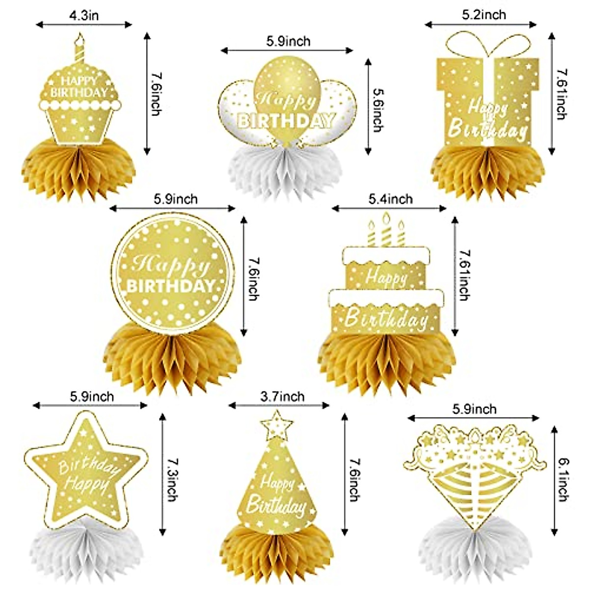 Gold White Happy Birthday Decorations Table Centerpieces for Women Men, 8Pcs White Gold Birthday Honeycomb Centerpieces Party Supplies, 10th 16th 21st 30th 40th 50th 60th Bday Table Toppers Sign Decor