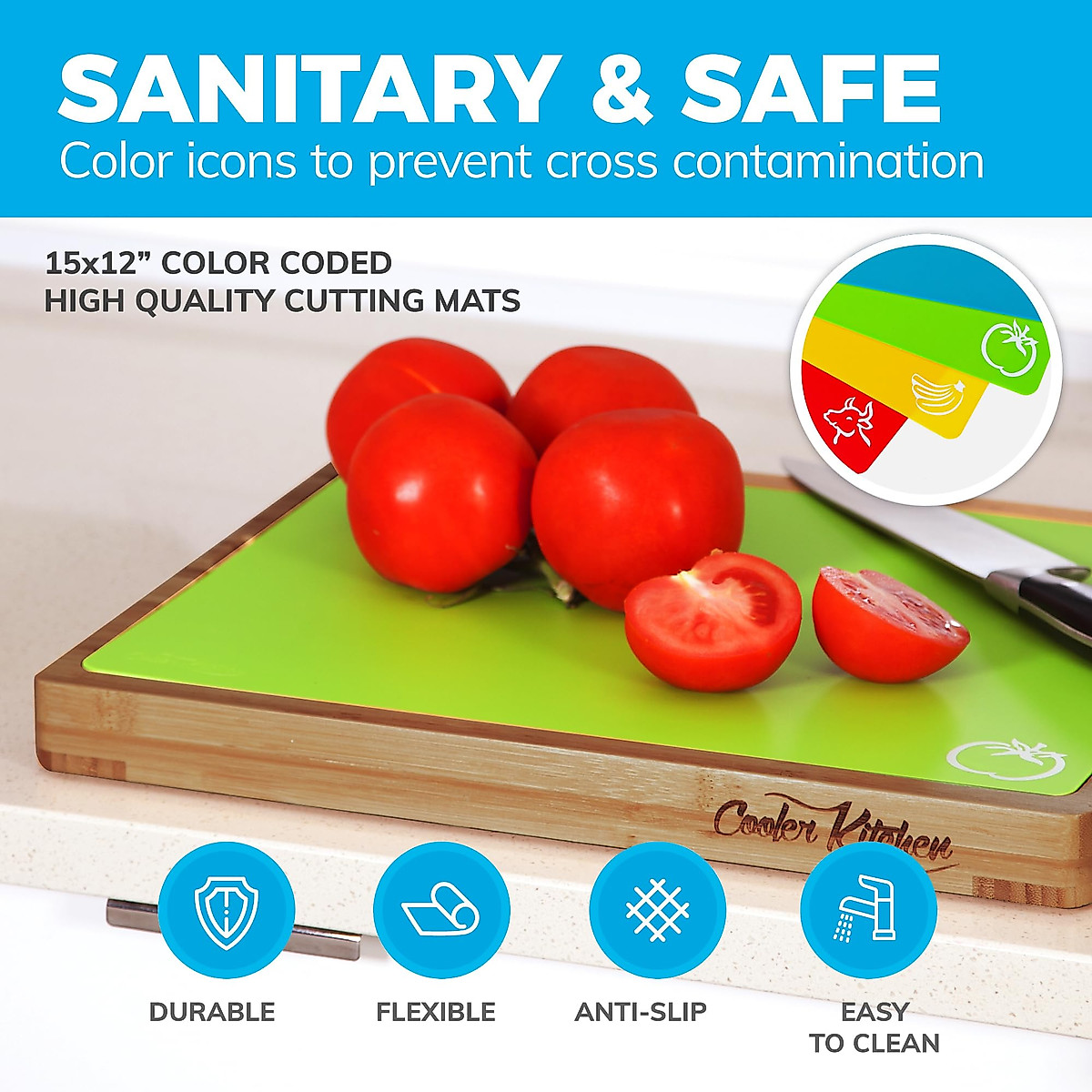 Dark Easy-to-Clean Bamboo Wood Cutting Board Set with 6 Color-Coded Flexible Cutting Mats with Food Icons - Chopping Board Set…
