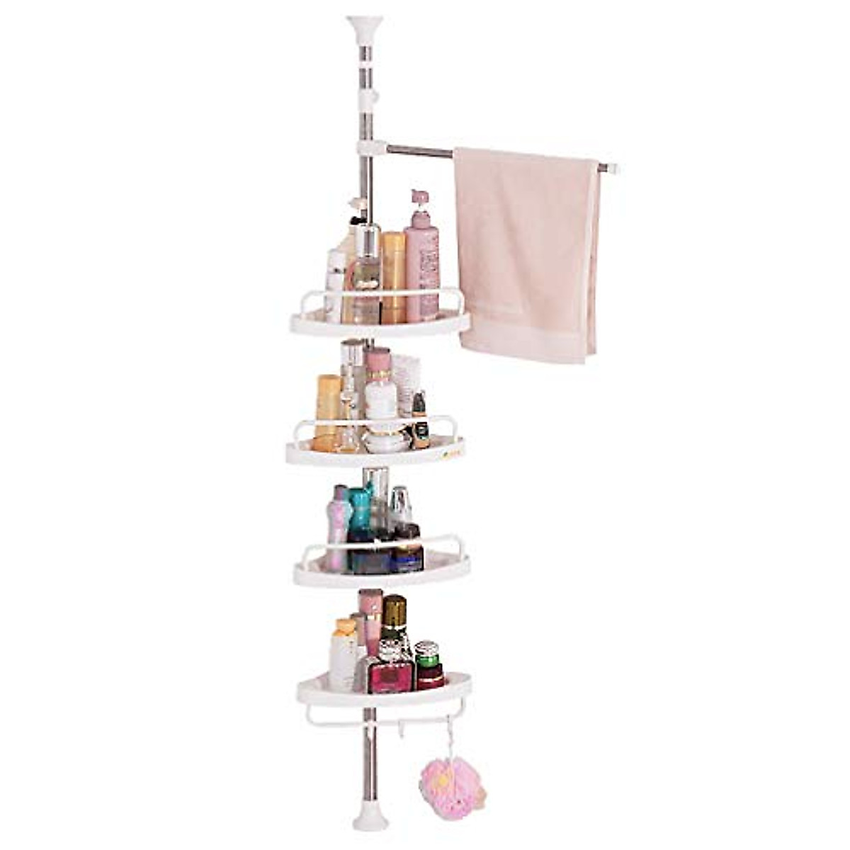 Hershii 4 Tiers Corner Shower Caddy Tension Pole Bathtub Shelf Organizer Adjustable Bathroom Storage Rack Space Saving with Towel Bar - Ivory