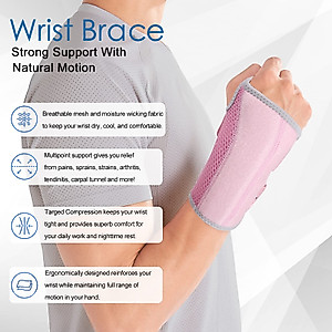 Wrist Brace for Carpal Tunnel, Night Wrist Sleep Support Splint with Compression Sleeve Adjustable Straps for Pain Relief, Arthritis, Tendonitis, Fitness (Right Hand-Pink, S/M (Pack of 1))