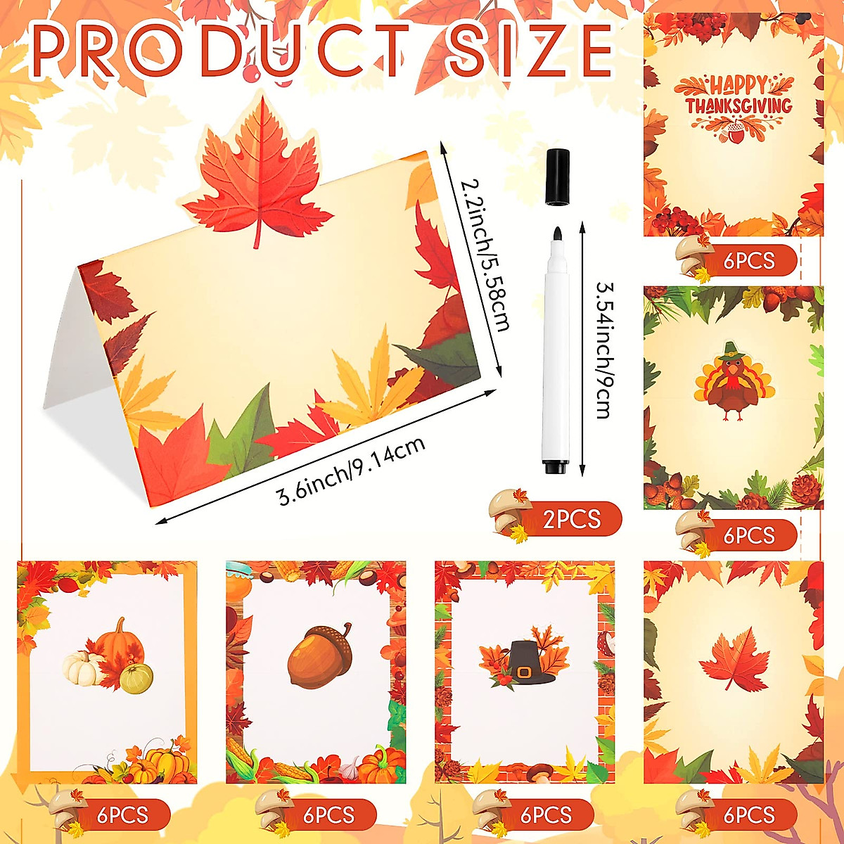 36 Pcs Thanksgiving Place Cards Pumpkin Fall Leaves Name Place Cards and 2 Pcs Permanent Markers Black Markers Name Tents Thankful Greeting Cards for Thanksgiving Harvest Party Bridal Shower Birthday