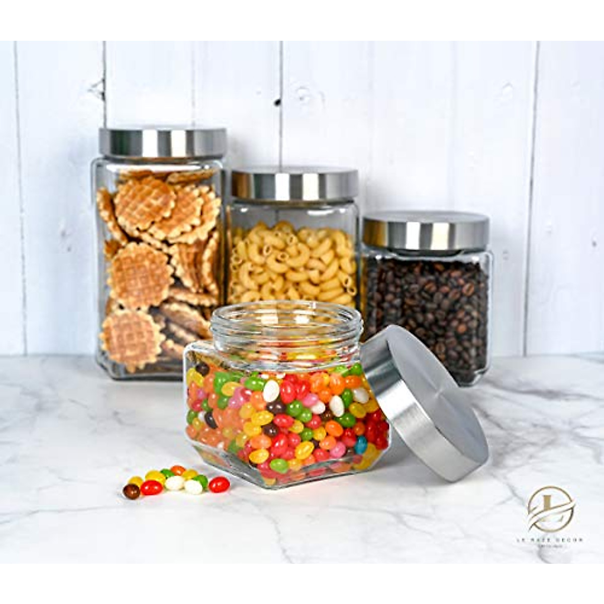 4pc Square Glass Cookie Jars with Airtight Lids + Marker & Labels, Canister Sets for Kitchen Counter or Bathroom - Food Storage Containers with Lids for Pantry - Flour, Sugar, Coffee, Cookies, etc.