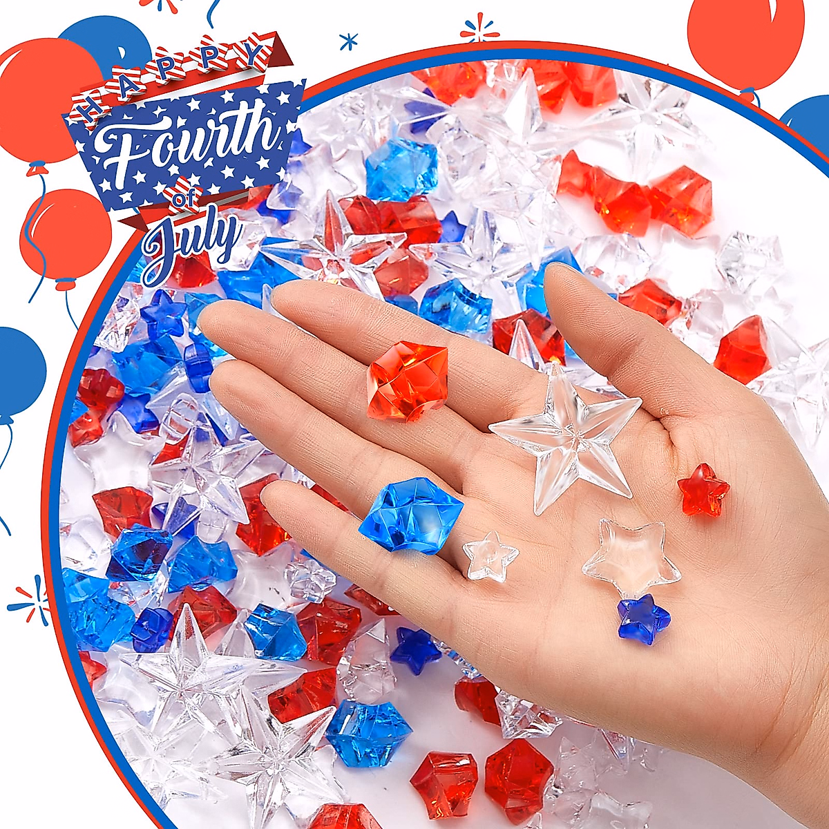 Deekin 240 Pcs Mini Patriotic Acrylic 4th of July Red White Blue Acrylic Beads for Vase Filler Ice Rocks Star Crystals Gems Table Scatter Independence Day Party Wedding Crafts Decoration Display