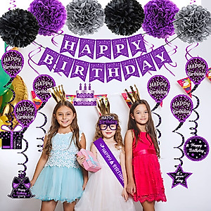 Birthday Decorations Purple Black, Happy Birthday Party Decorations for Women Girls Men Boys, Happy Birthday Banner, Double-Sided Bday Pattern Card, Birthday Sash, Pompoms,Hanging Swirl Bday Decor Set