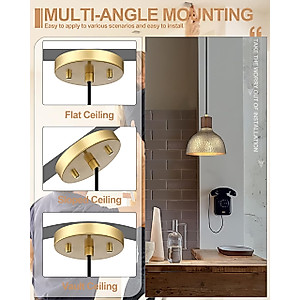 2 Pack 1 Light 8” Vintage Gold Pendant Light Fixtures,Industrial Hammer Metal Hanging Light Rubber Wood Brushed Brass Finish Pendant Lamp for Kitchen Island,Farmhouse Dining Room Over Sink