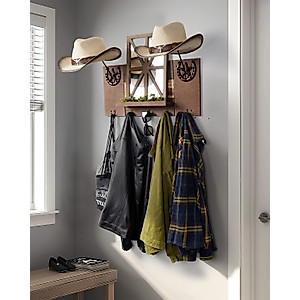 Cowboy Hat Holder for Wall with Shelf and 5 Hooks Western Cast Iron Hat Rack Rustic Wood Cowboy Hat Hanger for Entryway Closet Western Wall Decor Hat Hooks 25.6x11.8x6.5 in Men's Christmas Gift