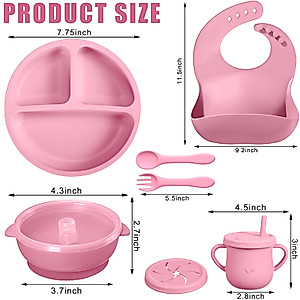 3 Sets Baby Led Weaning Supplies, Silicone Baby Feeding Set with Divided Plate Adjustable Bib Suction Bowl with Lid Snack Cup Soft Spoon Fork, Toddler Self Eating Utensil (Purple, Mint, Pink)