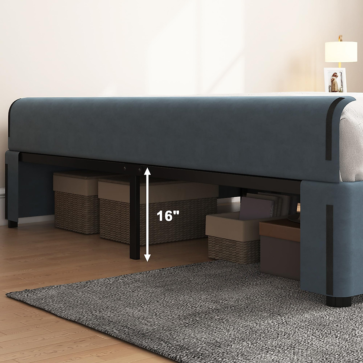 Seiugaga 18 Inch King Bed Frame with Fabric Cover - Needed Heavy Duty Metal Platform Bed Frames King Size Space Under Double Basic Steel Slats Platform