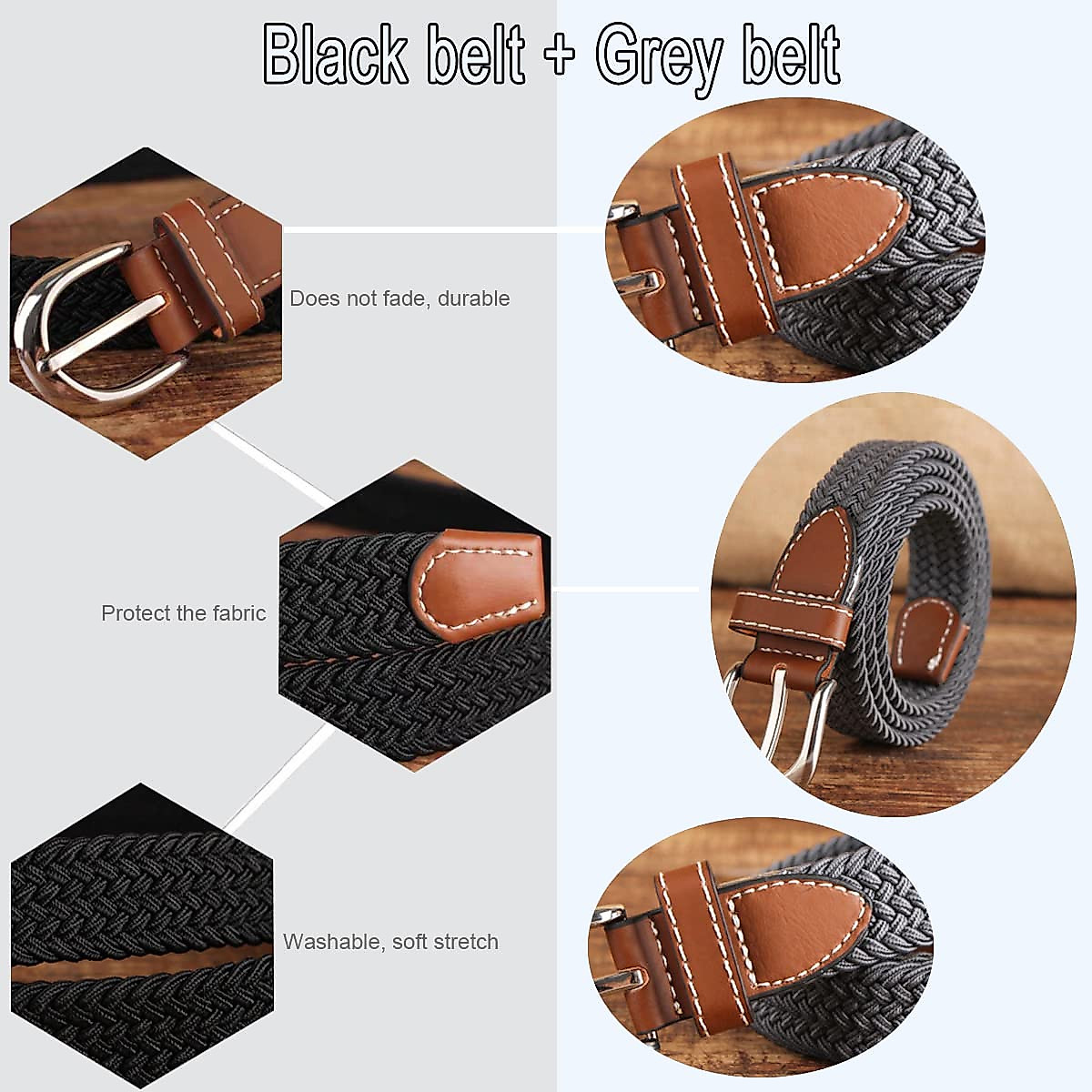 YUCFOREN 2 Pack 1'' Narrow Width Elastic Belt, Stretch Braided Skinny Fabric Woven Women or Girl Jeans Dress Casual Belt