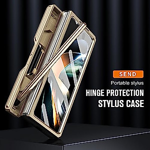 PUROOM for Samsung Galaxy Z Fold 5 Hinge Coverage Protective Case Pen Box & Kickstand, Slide Camera Lens Cover, Screen Protector Full Body Shockproof Case (Gold)