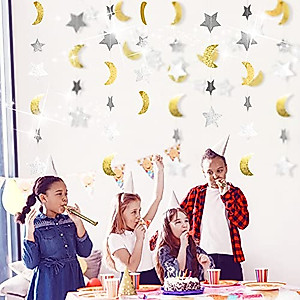 Gold Silver Moon Star Garland for Twinkle Twinkle Little Star Party Decoration/First Birthday/Baby Shower/Wedding/Kids Room/Nursery/Ramadan EID/Graduation Decor/Goodnight Moon Party Decorations